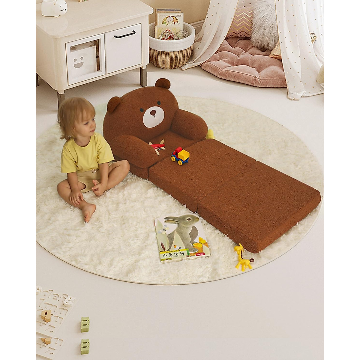 MOONBEEKI Comfy Toddler Chair, Kids Couch Fold Out to Lounger, Foldable Baby Sofa Plush for Girl and Boy Age 18 Months and Up （ Brown Bear）