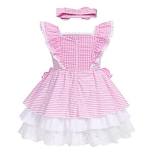 Toddler Baby Girl Tutu Dress Pink Plaid Dress Infant Pink Plaid Baby Girl Outfit Summer Sleeveless Stirped Ruffle Dress Bowknot Princess Birthday Party Dress Sundress with Headband Set Pink 6-12 Month