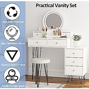 Fameill Makeup Vanity Desk with Lighted Mirror,White Vanity Table Set with Round Mirror,3 Color Touch Screen Dimming Mirror,7 Drawers Bedroom Dressing Table with Soft Cushioned Stool