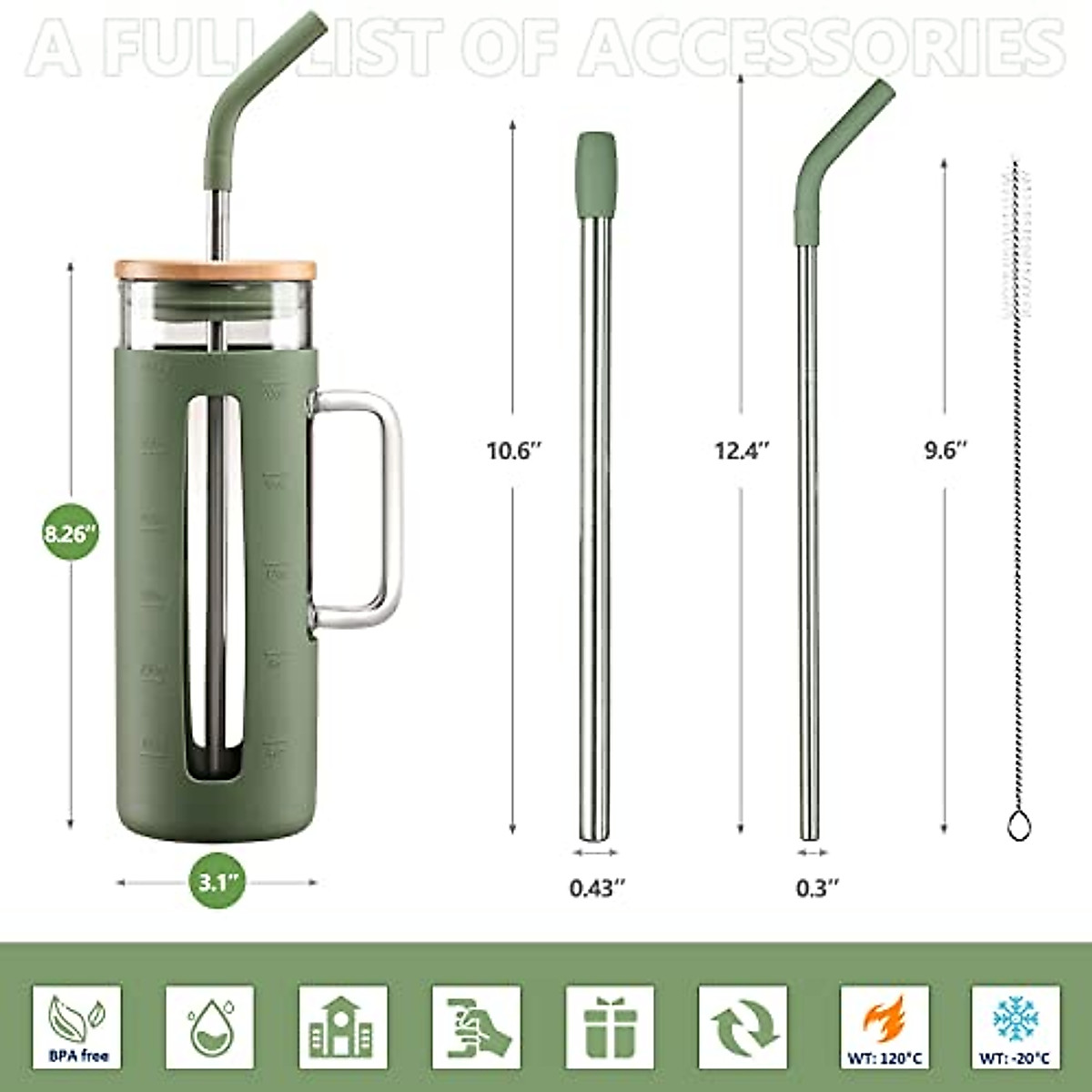 Kodrine Tumbler with Lid and Straw, 20 oz Glass Coffee Tumbler with Handle, Smoothie Cup with Bamboo Lid | Time Marker | Silicone Protective Sleeve, BPA Free - Olive