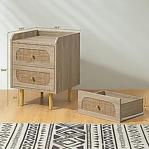 Rattan Nightstand Set of 2 with Drawers - Boho Bedside Table with Storage - Night Stand with Solid Wood Feet - Small Side Table End Table for Bedroom