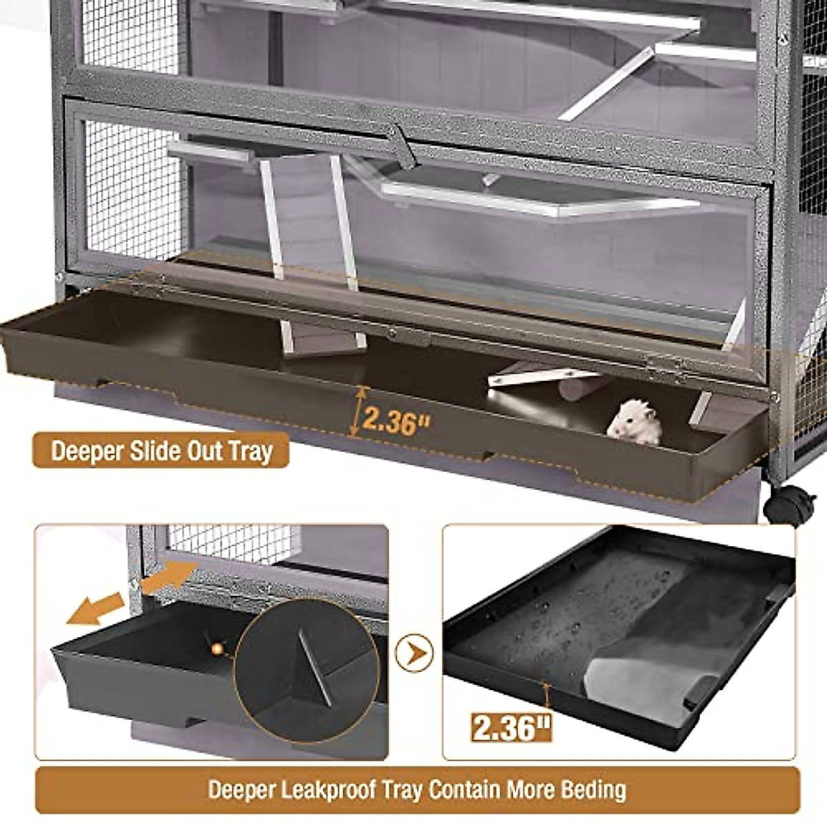 Guinea Pig Cage 3 Levels Ferret Cage, Small Animal Cage | Hamster Cage Rat House - Easy to Clean Leak Proof Tray (Grey, 3 Tiers)