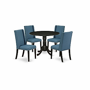 East West Furniture DLFL5-ABK-21 5 Piece Dining Room Table Set Includes a Round Dining Table with Dropleaf and 4 Blue Linen Fabric Upholstered Parson Chairs, 42x42 Inch, Wirebrushed Black