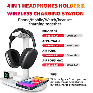 Headphone Stand with 4 in 1 Wireless Charger -Headset Holder & Station Dock for Apple Watch, AirPods Max/Pro/2/ iPhone 13/12/11, LG, Samsung Galaxy, Huawei Phone, and All Headphones Size (White)