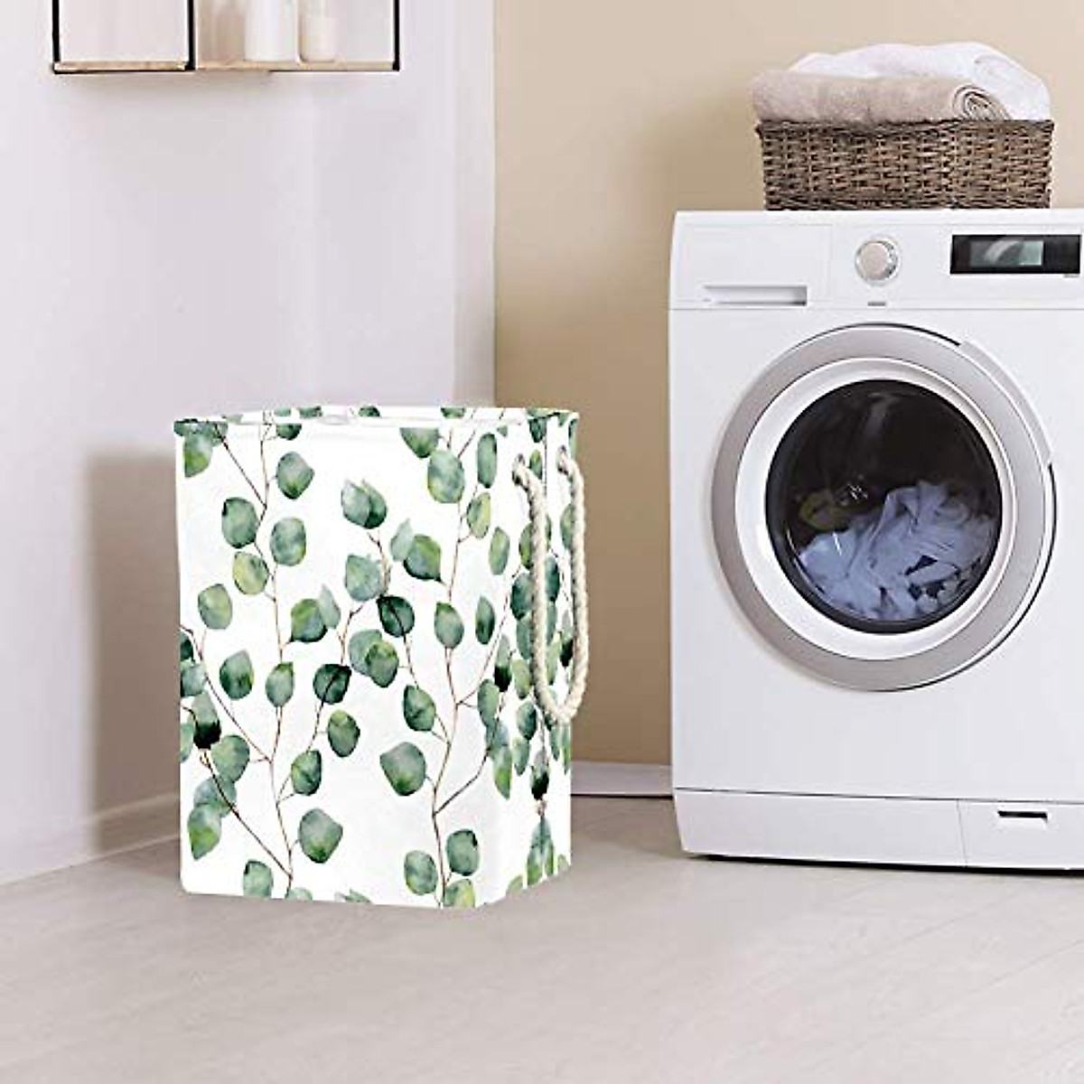 MAPOLO Laundry Basket Eucalyptus Leaves Pattern Foldable Laundry Hamper with Handles Detachable Brackets Well-Holding Waterproof for Clothes Toys Organization in Laundry Room Bedroom Bathroom