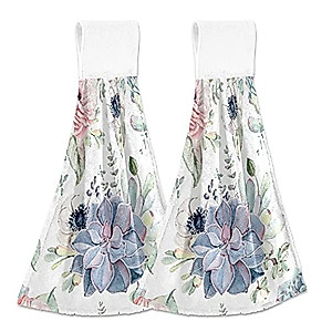 SLHKPNS Succulents Plant Kitchen Hanging Hand Towels,Watercolor Floral Absorbent Tie Towel with Loop 2 PCS Kitchen Linen Sets for Bathroom Restroom Home Decor