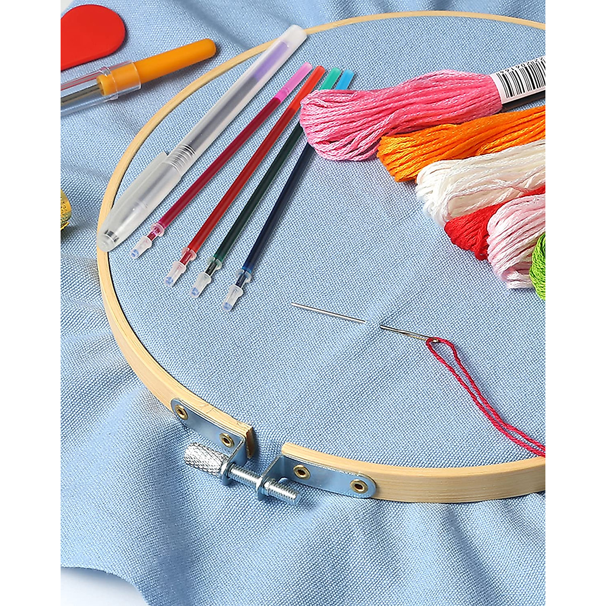 Caydo 10 Pieces Embroidery Fabric, Including 10 Colors Embroidery Cotton Fabric, 5 Colors Water-Soluble Pens, 7.9 by 7.9 Inch