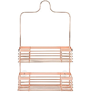 MyGift Modern Copper Metal 2 Tier Bathroom Hanging Shower Organizer, Over Head Shower Caddy Basket, Bathroom Accessories Organizer Storage Rack with Wall Suction Cups