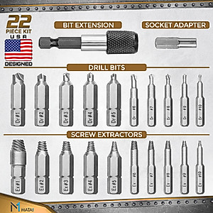 22 pc Screw Extractor Set for Stripped, Broken, Damaged Screws - Remover Kit w/Drill Bits Extractors, Bit Extension & Socket Adapter by Mata1