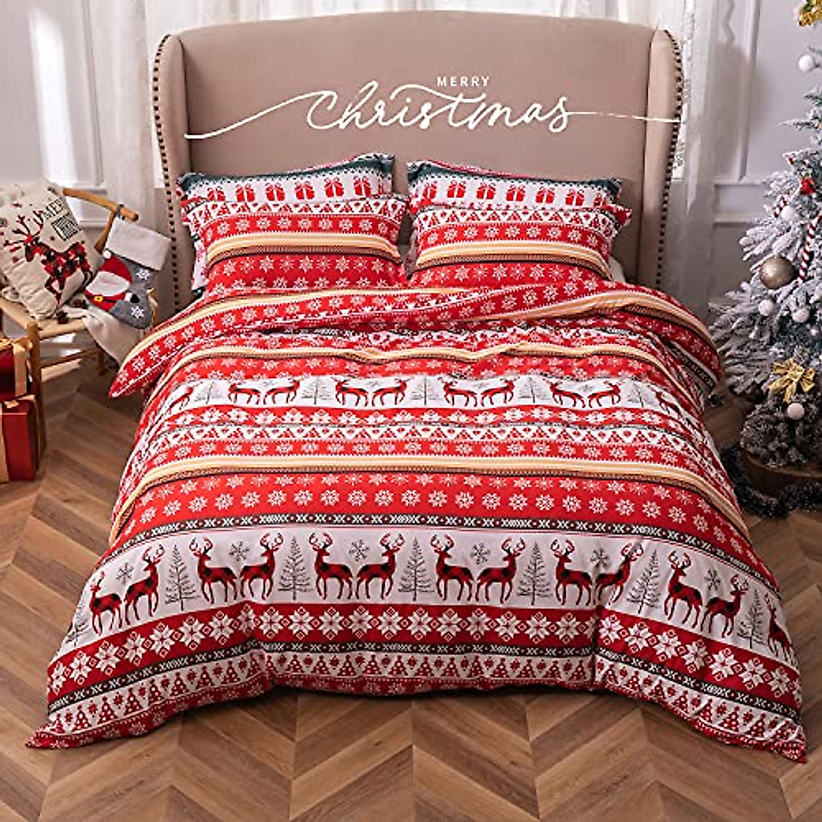 MILDLY Christmas Duvet Cover Set - 100% Brushed Microfiber Snowflake Reindeer Printed Winter Theme Comforter Cover Set