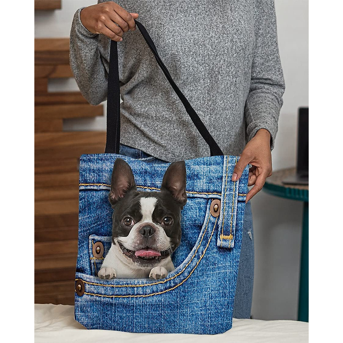 IZI POD NAZENTI Personalized Boston Terrier In Pocket Tote Bag - Custom Print Two Side Tote Bags with Name, Gift for Dog Mom, Women Bag Shoulder, Tote Grocery, Gift for Dog Lover, Girl Handbag