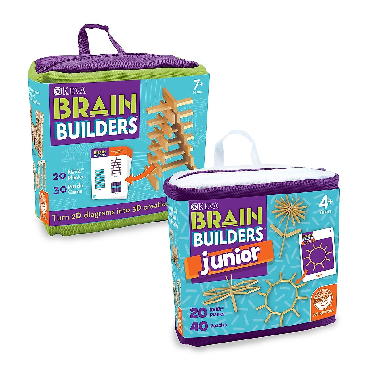 MindWare KEVA Brain Builders Set of 2: Original KEVA Brain Builders and KEVA Brain Builders Junior – Great Addition to STEM Building Toys and Classroom Games – 40 Planks & 70 Puzzles Total