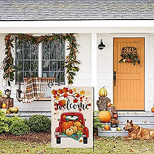 Thanksgiving Fall Welcome Garden Flags for Outside,Truck with Pumpkins Maple Leaves,Harvest Decorative Farmhouse Flag for Patch,12.5 x 18 Inch Double Sided,Small Thanksgiving Yard Flags for Autumn Outdoor Decor