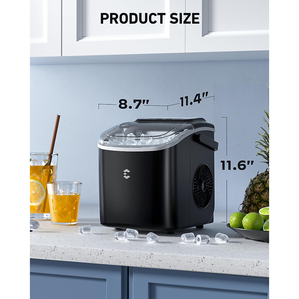 EASYERA Ice Maker Countertop, Portable Ice Machine 9 Cubes in 6 Mins, 26 lbs in 24 Hrs, Two Sizes of Bullet Ice Self-Cleaning with Ice Scoop, Bag, and Basket, for Kitchen, Party, RV, Bar-Black