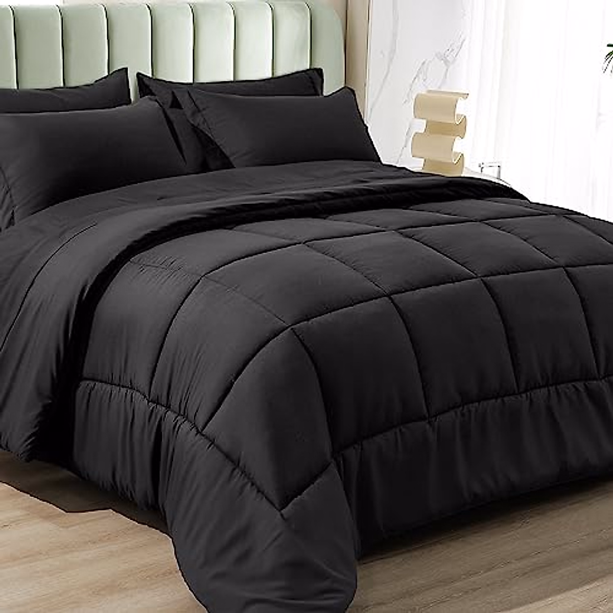 PHF 7 Pieces Queen Comforter Set Black, Bed in a Bag Comforter & 16" Sheet Set All Season, Ultra Soft Noiseless Bedding Sets with Comforter, Sheets, Pillowcases & Shams