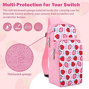 THRCIFLO Cute Pink Strawberry Travel Carrying Bag for Nintendo Switch/OLED/Lite Shoulder Bag Storage Backpack for Switch Accessories, Portable Crossbody Sling Case for Girls