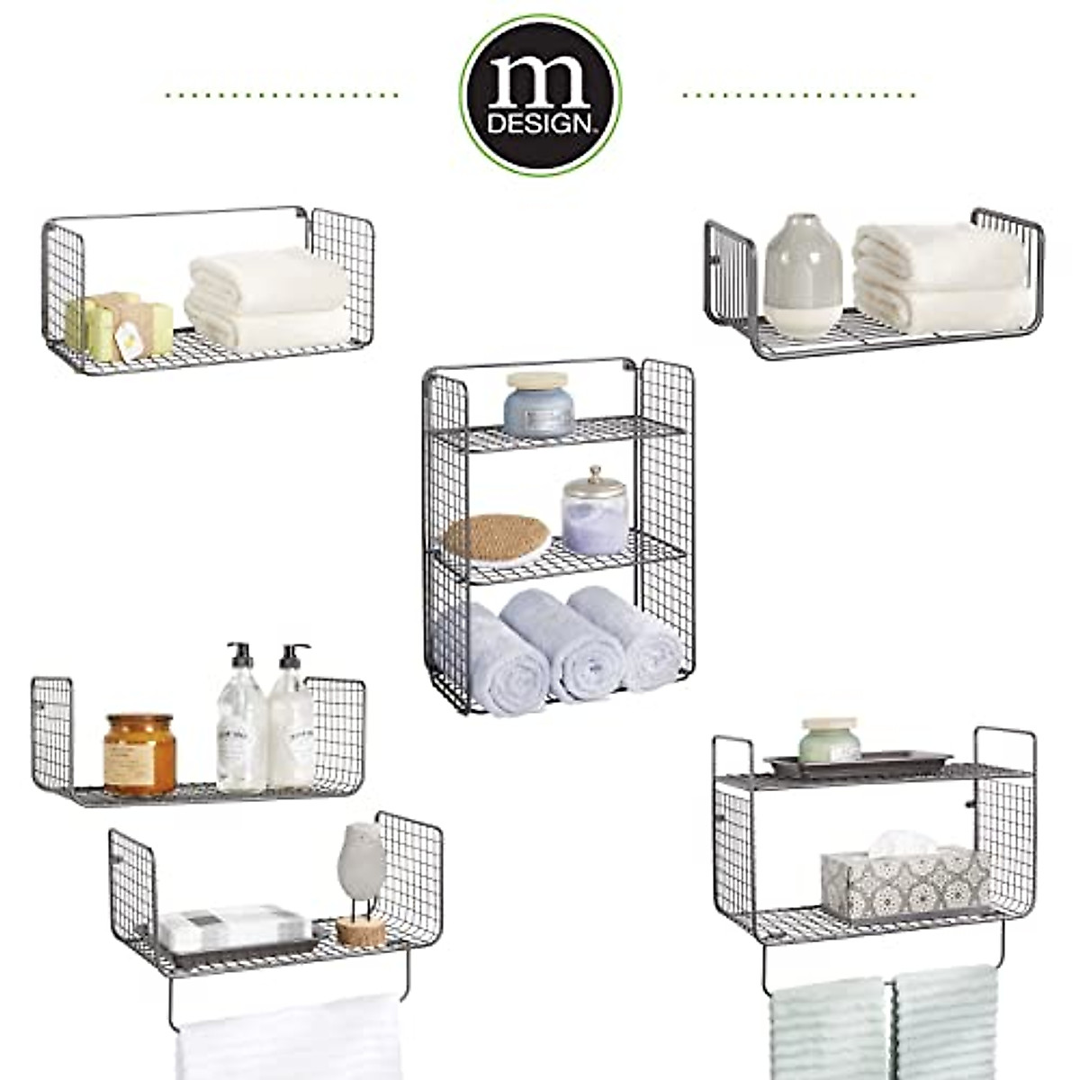 mDesign Metal Wire 3-Tier Hanging Shelf for Bathroom Storage - Wall Mounted Decorative Shelves - Floating Metal Bathroom Shelf Basket - Bathroom Wall Shelving - Concerto Collection - Graphite Gray