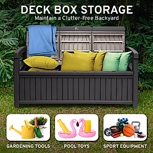 EconoHome 3 Seat Outdoor Storage Bench - 90 Gallon Capacity - Weatherproof Resin Bench for Patio, Porch, Garden, Yard, Pool Area - Furniture for Pool Accessories, Gardening Tools, Toys