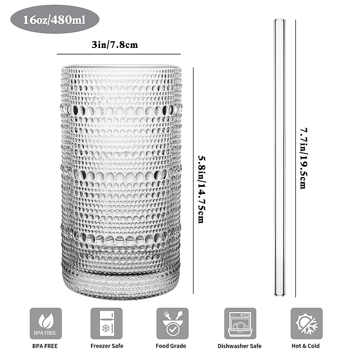 Dingerjar 2024 Upgraded Large Capacity 16 oz/480 ml Hobnail Glasses Drinking Set of 12 - Heavy Vintage Glassware