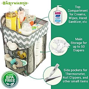 Babywards Hanging Diaper Caddy Organizer - Large Nursery Storage for Essential Newborn Baby Items - 2 Compartments, 3 Mesh Pockets - Durable Hooks to Hang on Bassinet, Changing Table, Crib