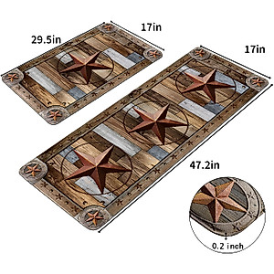 AILUER Farmhouse Wood Kitchen Rugs Mats Set of 2 Rustic Texas Star Anti-Fatigue Cushioned Kitchen Floor Mat Non-Slip Backing Washable Kitchen Rugs Set Office Laundry, 17inchx29.5inch+17inchx47inch
