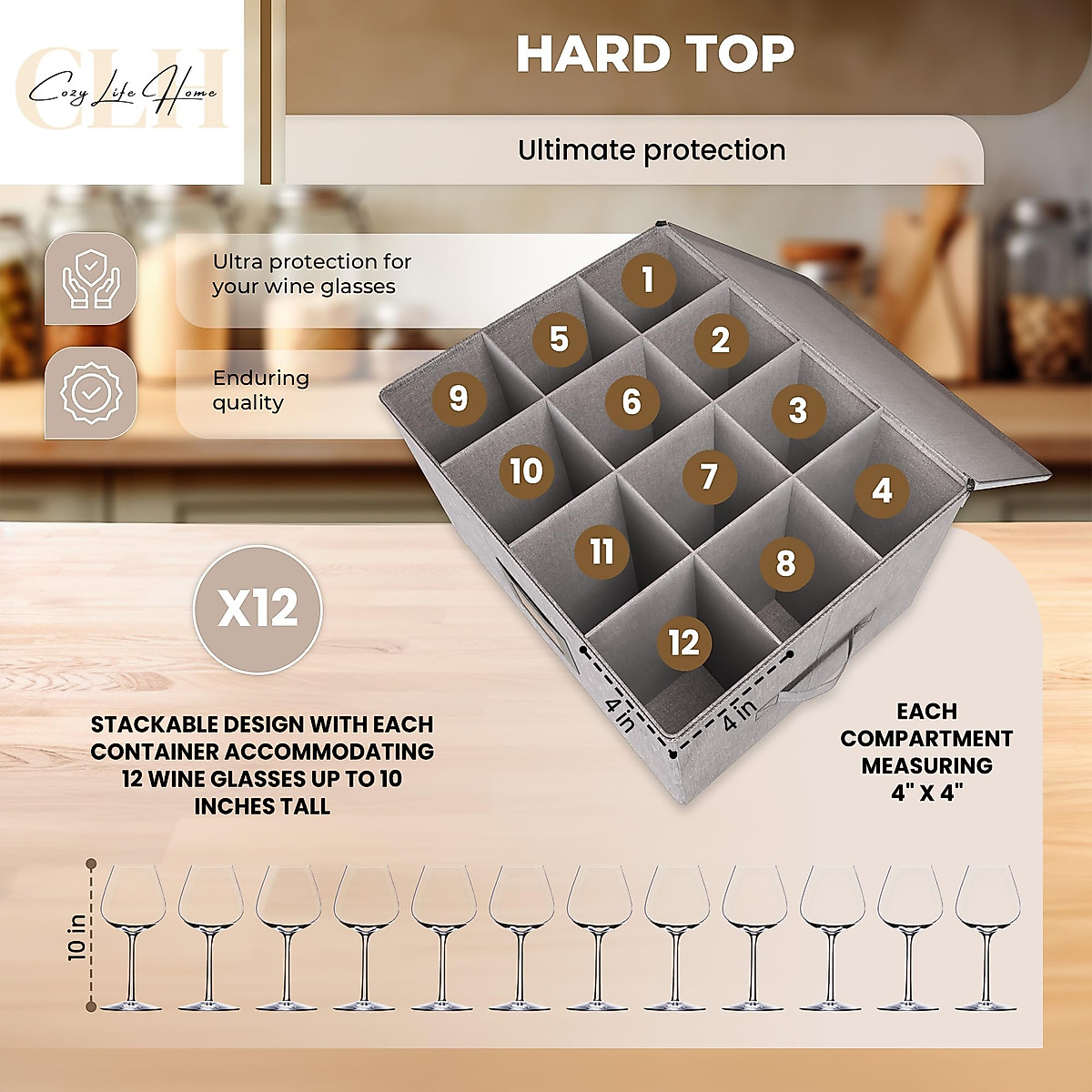 CLH Wine Glass Storage and 12 Foam Pouches, China Storage Containers, Hard Case with Dividers, Moving boxes for Glasses Kitchen storage, Stemware Storage Containers, Stackable