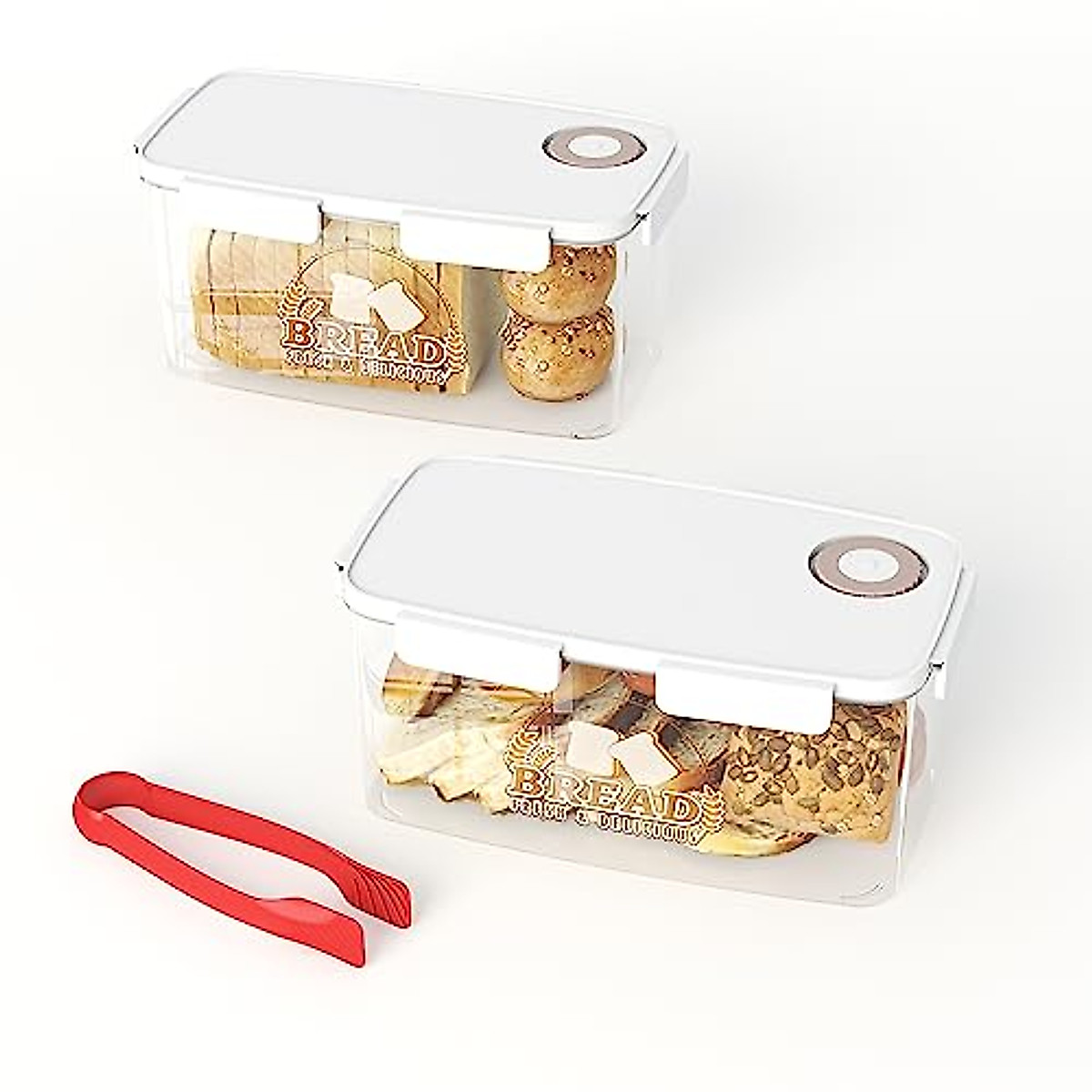 PAIKON 2 Pack Bread Box For Kitchen Countertop, Large Bread Storage, Bread Keeper For Homemade,Clear Airtight Bread Container with Lids, Tongs, Time Recording and,3.4 Qt / 3.2 L Each