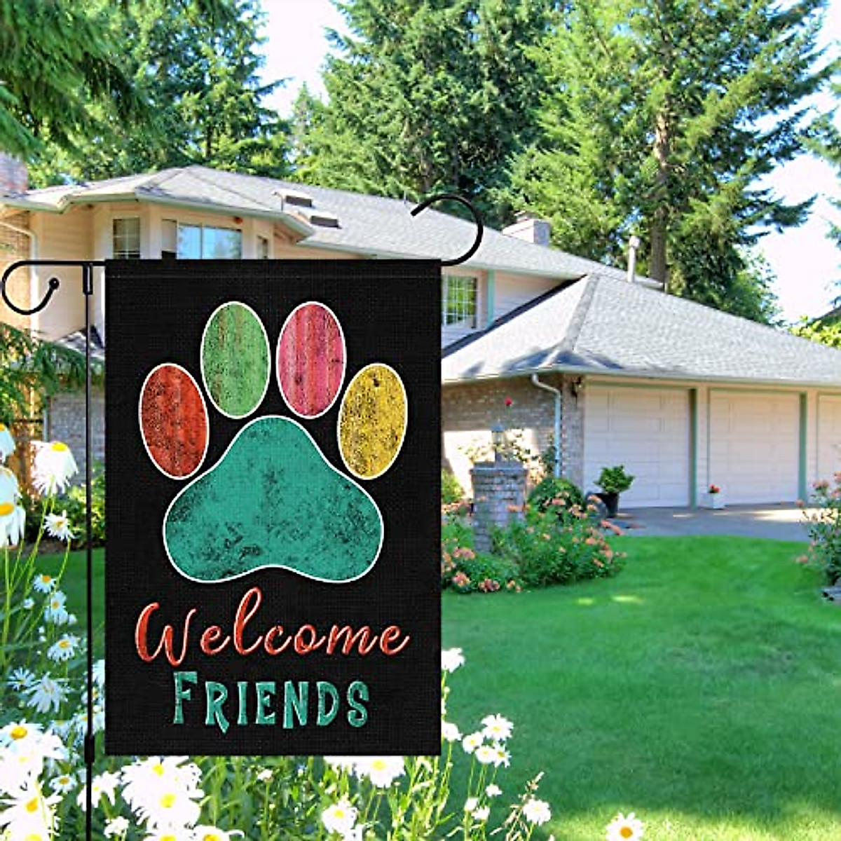 Welcome Dog Paws Garden Flag 12x18 Double Sided, Small Burlap Dog Garden Yard Flags Welcome Friends for House Outside Outdoor Holiday Decor (ONLY FLAG)