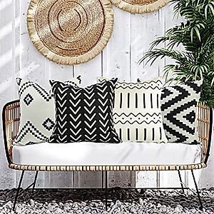 famibay Boho Outdoor Pillow Covers 18x18 Waterproof Black Beige Patio Throw Pillow Covers Outside Pillow Covers Decorative Square Burlap Cushion Cases Pillow Covers for Patio Garden Porch(Set of 4)