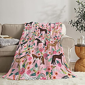Horse Blanket Gift for Girls Women Cute Animal Horses Flowers Fleece Flannel Throw Blankets Soft Lightweight Plush Pink Blanket for Horse Lovers Decor Bed Sofa 50"x40"