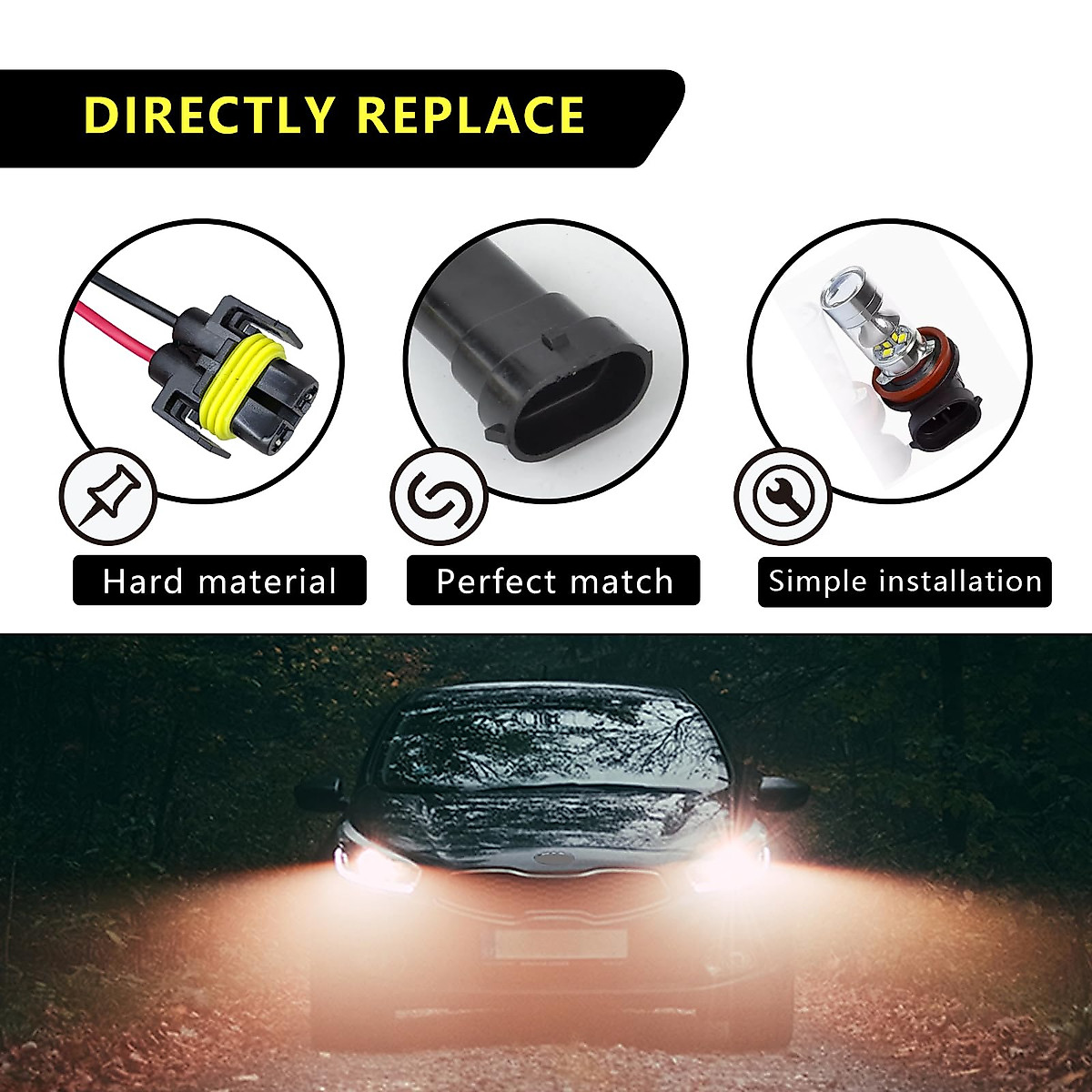 Dewkou 2 PCS H11 Car Light Wire Socket Connector, Extension Wiring Harness Sockets with Wires, Multi-Purpose Pigtail Adapter Plug for Fog Light High Low Beam Bulb (Black)