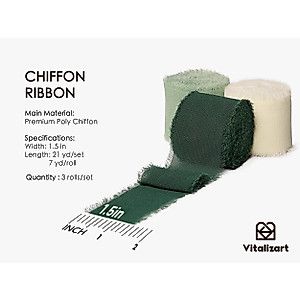 Vitalizart 3 Rolls Handmade Fringe Chiffon Silk Ribbon Gauze 1.5" x 7Yd Cream & Green Ribbons Set for Wedding Invitations, Bridal Bouquets, Gifts Wrapping, DIY Crafts