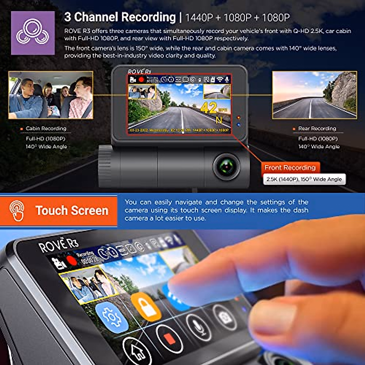 ROVE R3 Dash Cam | Hardwire Kit | 512GB Micro SD Card