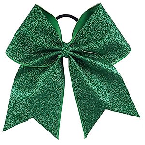 Glitter Cheer Bows - Cheerleading Softball Gifts for Girls and Women Team Bow with Ponytail Holder Complete your Cheerleader Outfit Uniform Strong Hair Ties Bands Elastics by Kenz Laurenz (1) (Green)