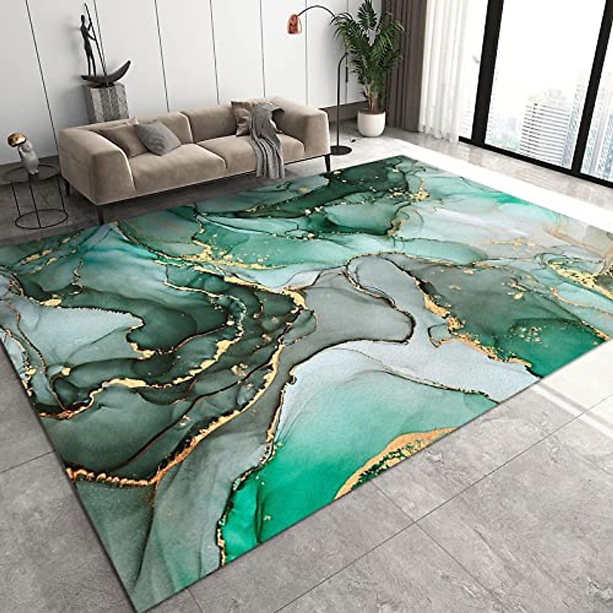 Abstract Emerald Green Marble Area Rug, Modern Abstract Fluid Art Decorative Rug, Easy Clean Carpet with Anti-Slip Backing for Bedroom Living Room Dining Room Office 5ftx6ft
