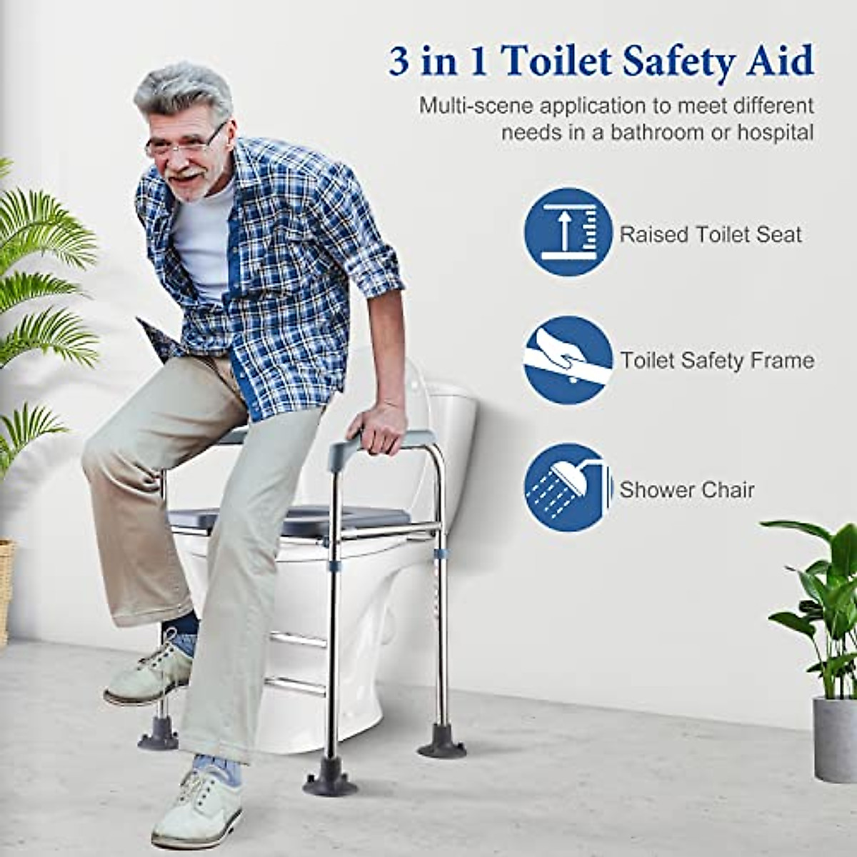Raised Toilet Seat with Handles: Hybodies Stand Alone Toilet Seat Riser for Seniors Adult, Toilet Safey Aids with Armrest & Height Adjustment, Bathroom Assist Frame, Fits Any Toilet, Up to 330lbs