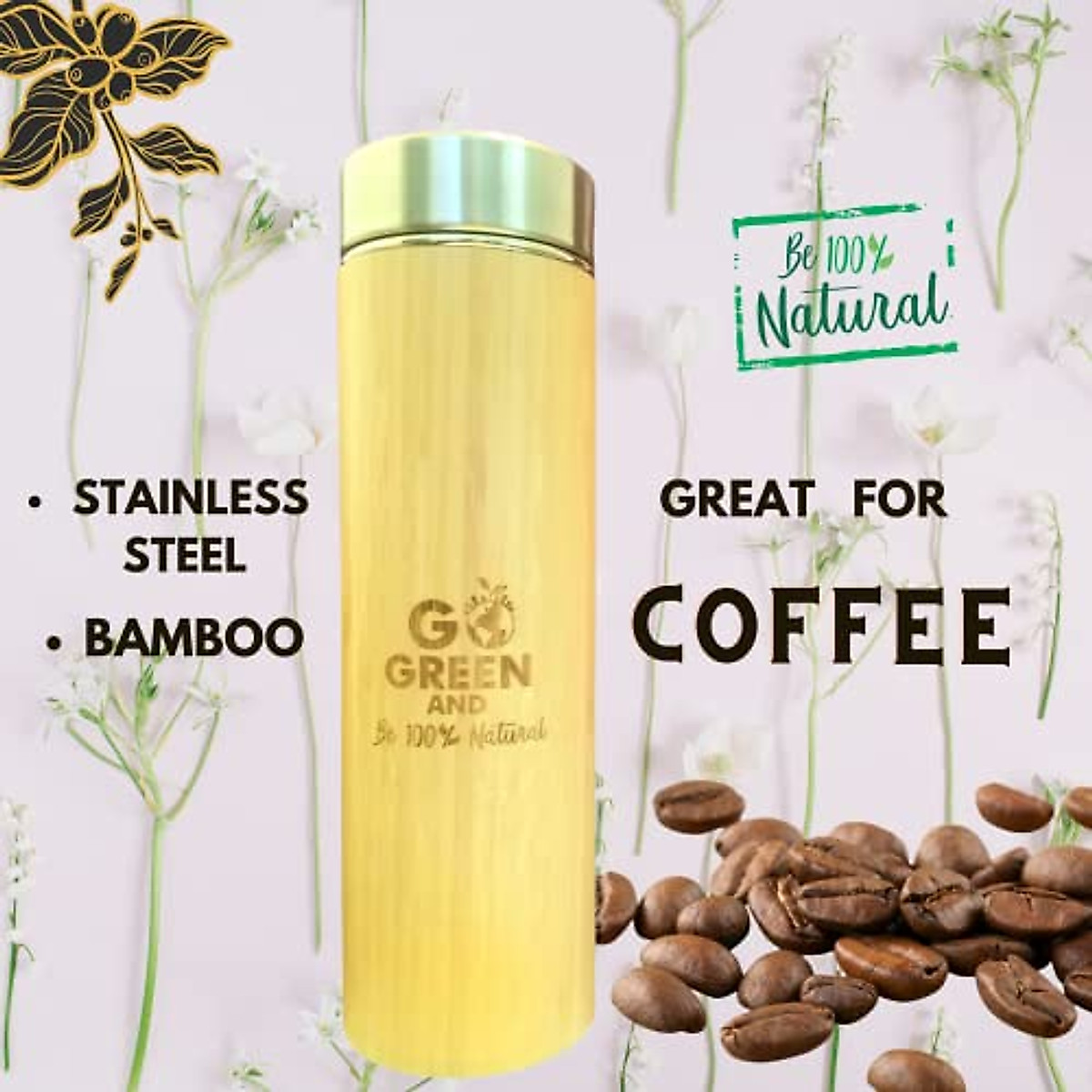 Go Green. Coffee and Tea Thermo Stainless steel double wall with tea infuser. Eco design. Coffee and tea. 18 oz. Leak proof lid. Best gift for coffee lovers. (Large)