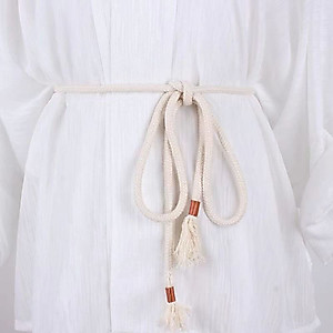 NONGFUGE Simple White Natural Cotton long Waist Rope Tie String Belt Medieval For Women Beach Dress Pants with Tassels Braided Woven