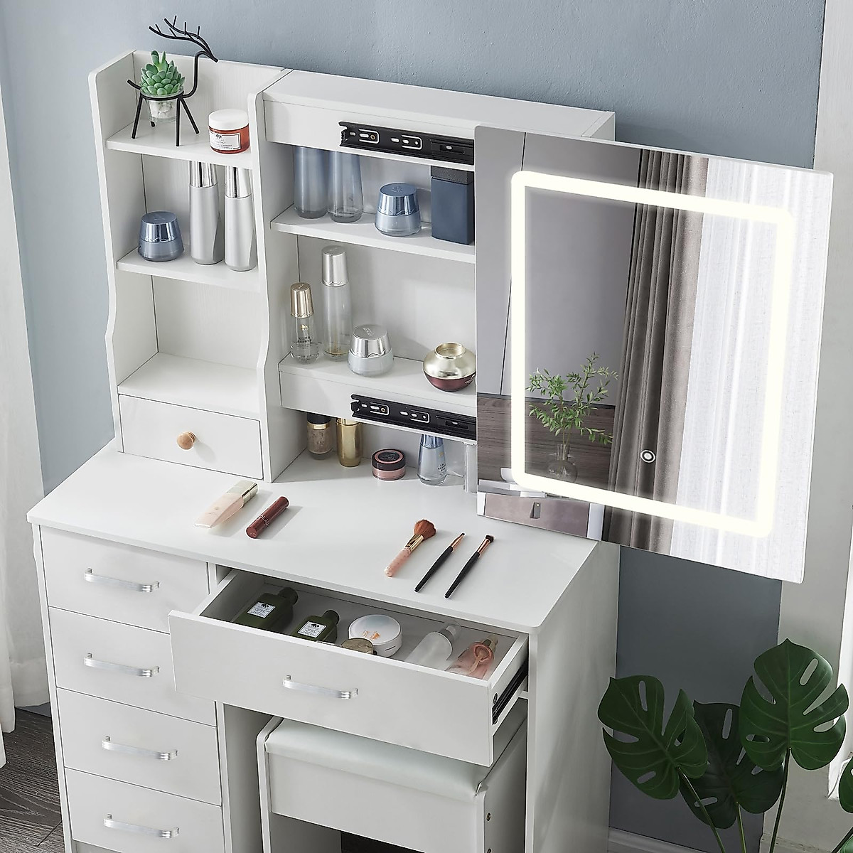 Hikooo Makeup Vaniy with LED Lights,Vanity with Lighted Mirror and Chair, Vanity Table with Lights and Drawers,Vanity Makeup Desk with Stool and Storage Shelves,Bedroom Furniture White