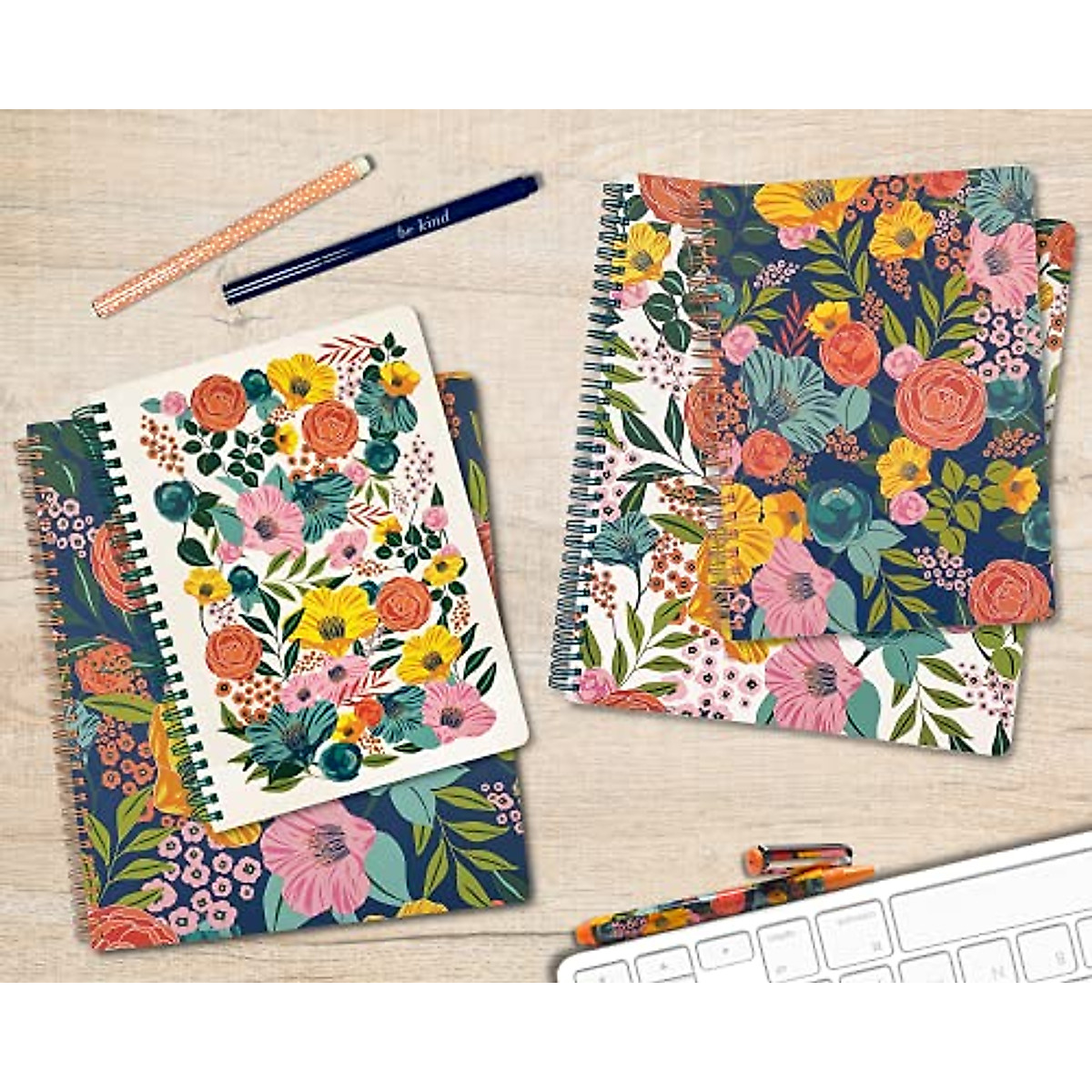 Steel Mill & Co Cute Large Spiral Notebook College Ruled, 11" x 9.5" with Durable Hardcover and 160 Lined Pages, Garden Blooms (Cream)