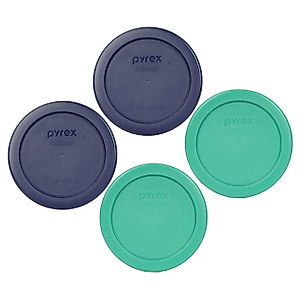 Pyrex 7202-PC 1 Cup (2) Green & (2) Blue Plastic Storage Lids, Made in USA