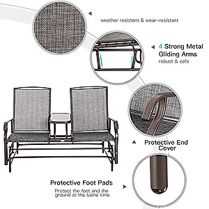 Outsunny Outdoor Glider Bench with Center Table, Metal Frame Patio Loveseat with Breathable Mesh Fabric and Armrests for Backyard Garden Porch, Gray