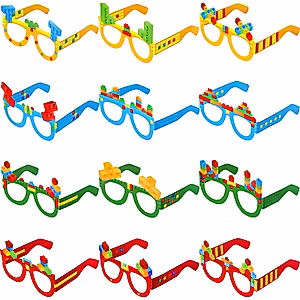 Fiada 12 Pcs Building Bricks Party Favors Paper Glasses Building Block Glasses Frames Photo Booth Props for Kids Toddlers Theme Party Supplies Favors