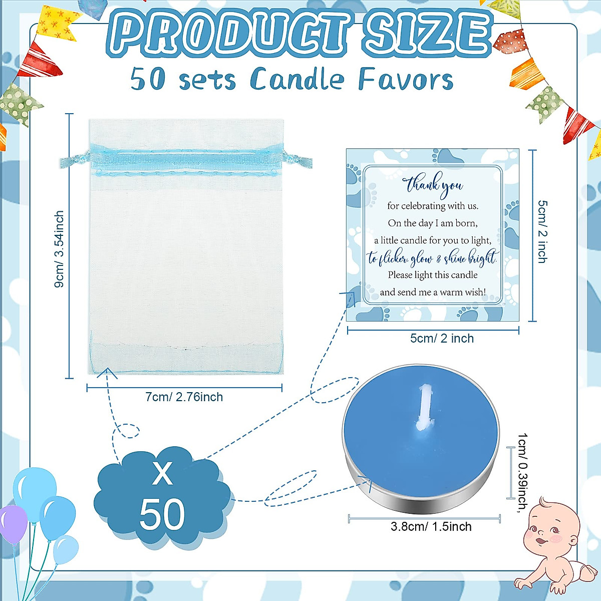 50 Sets Baby Shower Party Favors Including 50 Pcs Unscented Tealight Baby Shower Candles 50 Pcs Gift Bags 50 Pcs Baby Shower Cards for Baby Shower Gender Reveal Party Supplies (Blue)