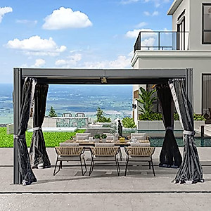 Domi Outdoor Living 10’ x 13’ Louvered Pergola with Adjustable Rainproof Roof, Outdoor Aluminum Frame Hardtop Gazebo for Backyard, Garden and Lawn w/Netting (Dark Gray)
