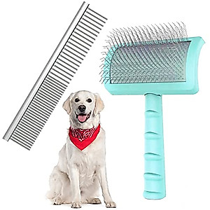 Large Firm Slicker Brush & Pet Comb Value Kit,Extra Long Pin Slicker Brush for Dogs Goldendoodles,Large Dog Pet Grooming Wire Brush and Deshedding,Removes Long and loose Hair & Undercoat ,25mm(1")(Green)