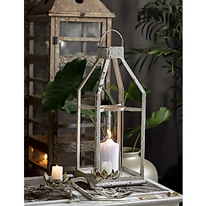 Farmhouse White Metal Lanterns 21" Decorative Hanging Candle Lantern, Rustic Distressed Candle Holder Outdoor Lanterns for Front Porch Floor, Patio or Wedding