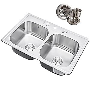 CozyBlock 33 x 22 x 9 Inch 50/50 Top-mount/Drop-in Stainless Steel Double Bowl Kitchen Sink with Strainer - 18 Gauge Stainless Steel-3 Faucet Hole