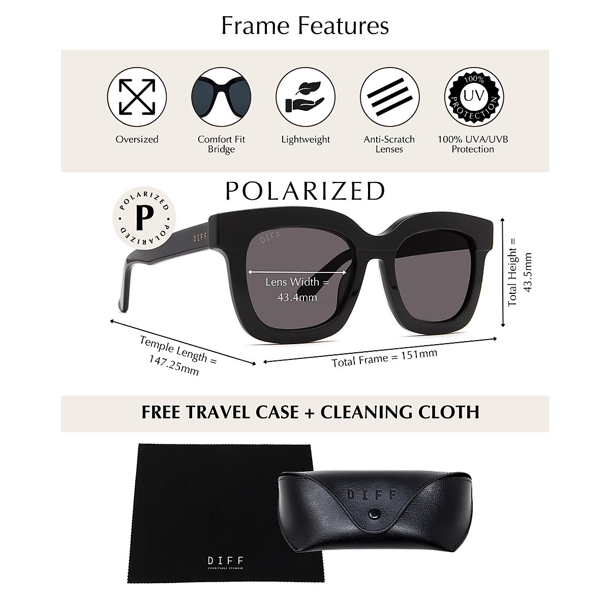 DIFF Carson Designer Square Oversized Sunglasses Women UV400 Polarized Protection, Black Extra large trendy 2023 frames
