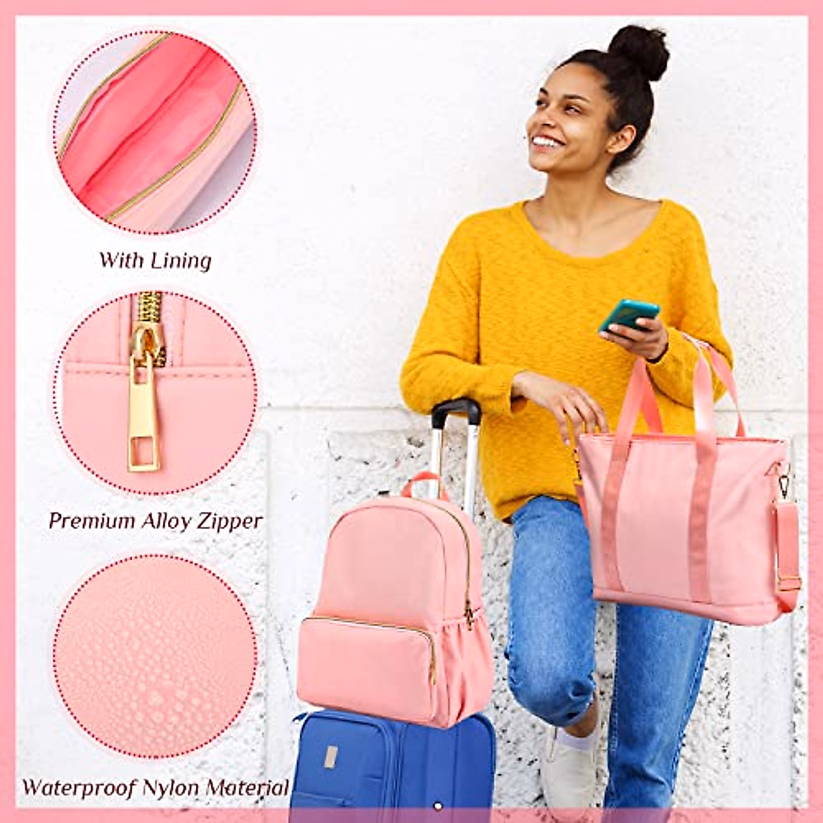 Kacctyen 4 Pieces School Backpacks Set Preppy School Book Bag Nylon Pouch Makeup Bag with Travel Tote Bag Solid Color Fanny Bag Back School Supplies for Student Teens Girls (Pink)
